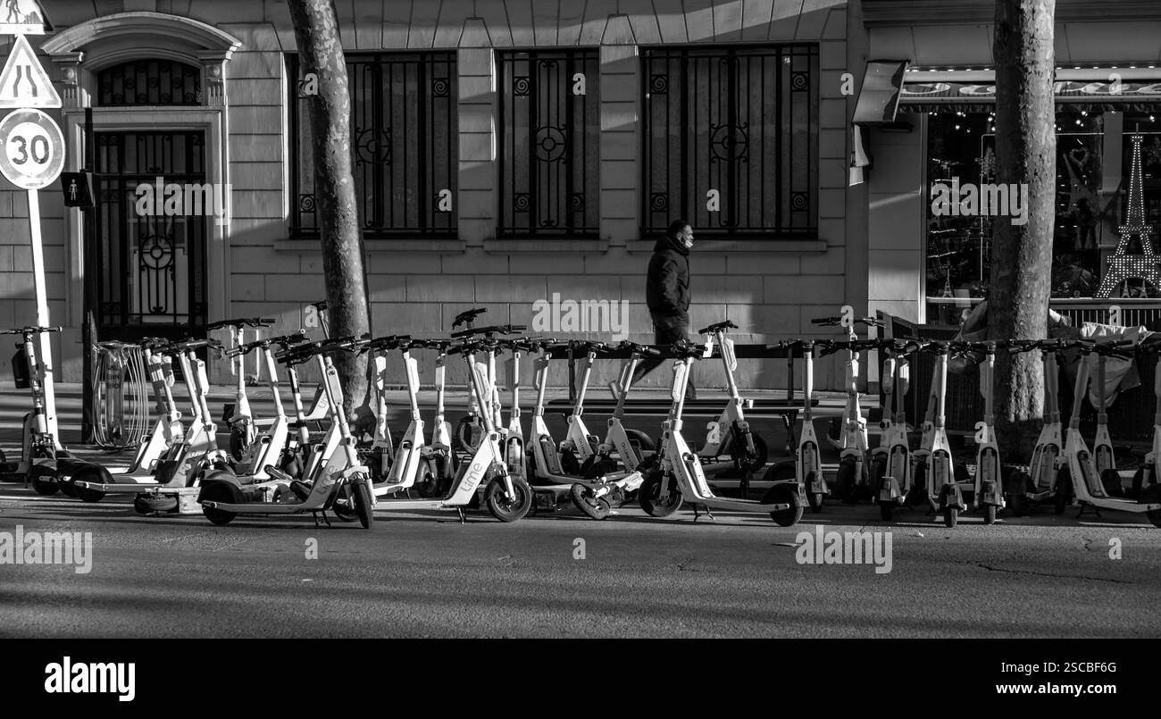 Paris, France - Jaunary 24, 2022: Electric scooters parked in a street ...