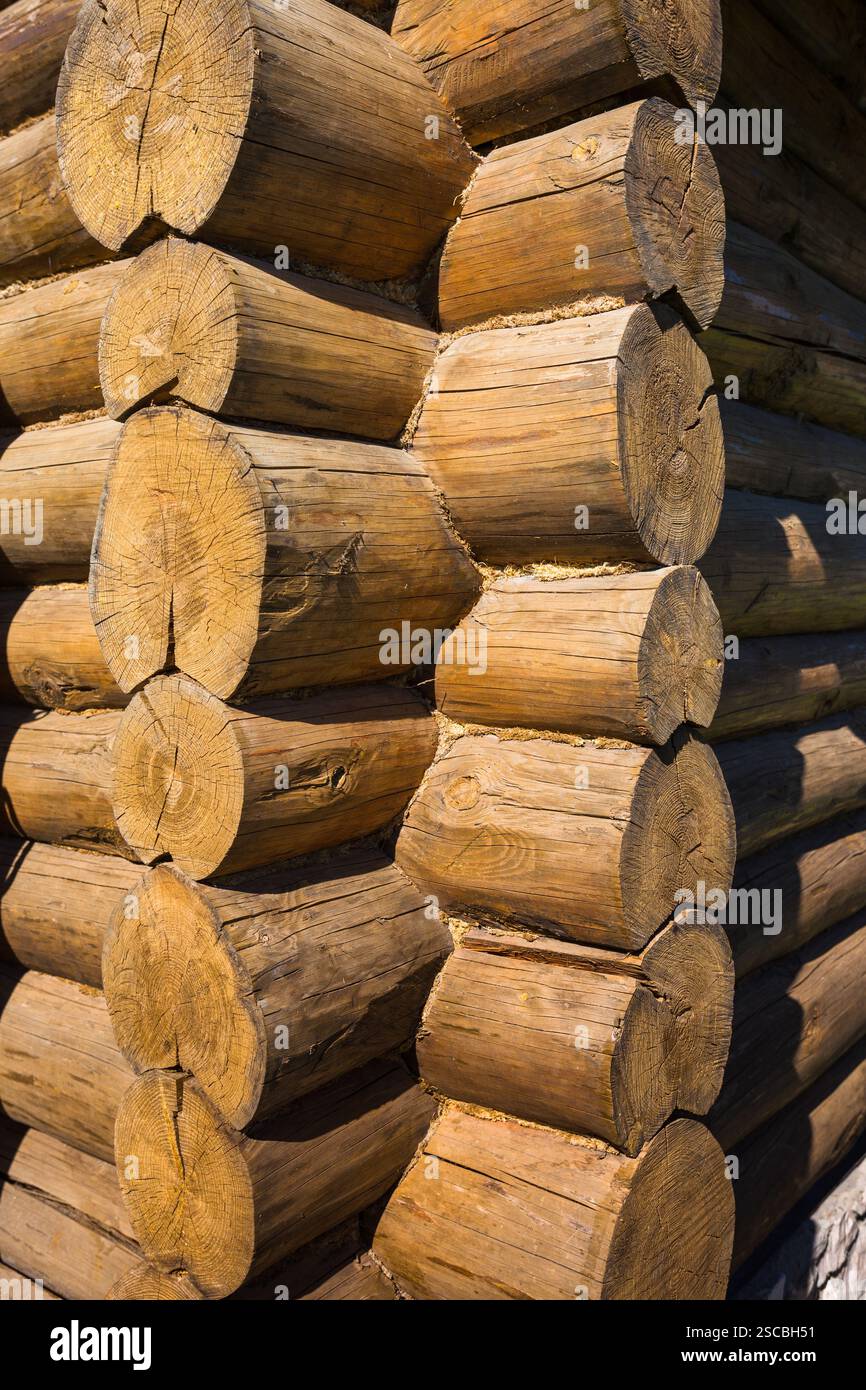 Background texture of a house wall made of rough logs. Traditional ...