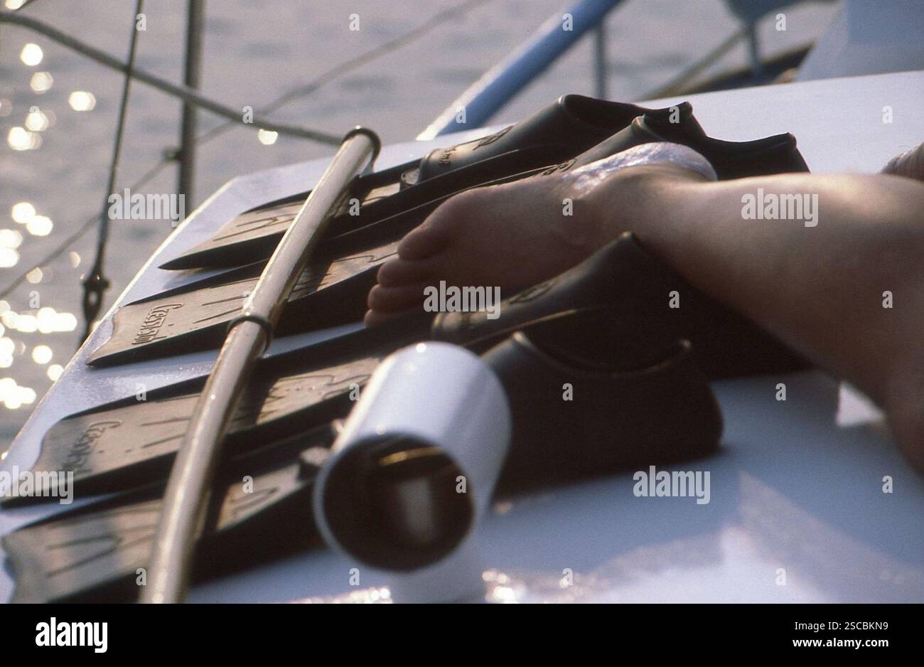 Diving fins and a foot on the deck of a sailboat Stock Photo - Alamy