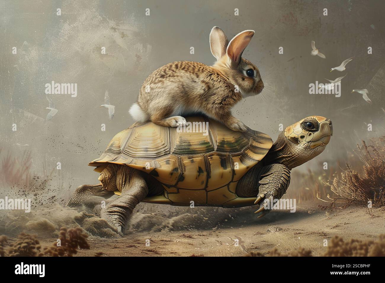 A rabbit sits on the back of a turtle and they run together. friendship ...