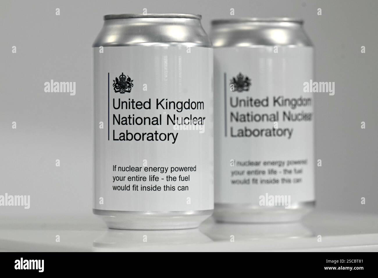 Cans of water are pictured during a visit by Prime Minister Sir Keir ...