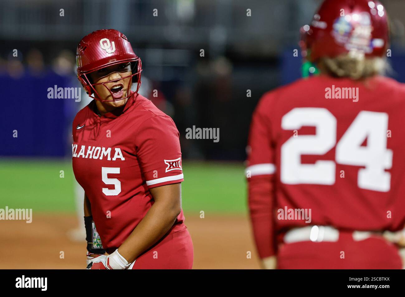 FILE - Oklahoma's Ella Parker (5) celebrates with Jayda Coleman (24 ...