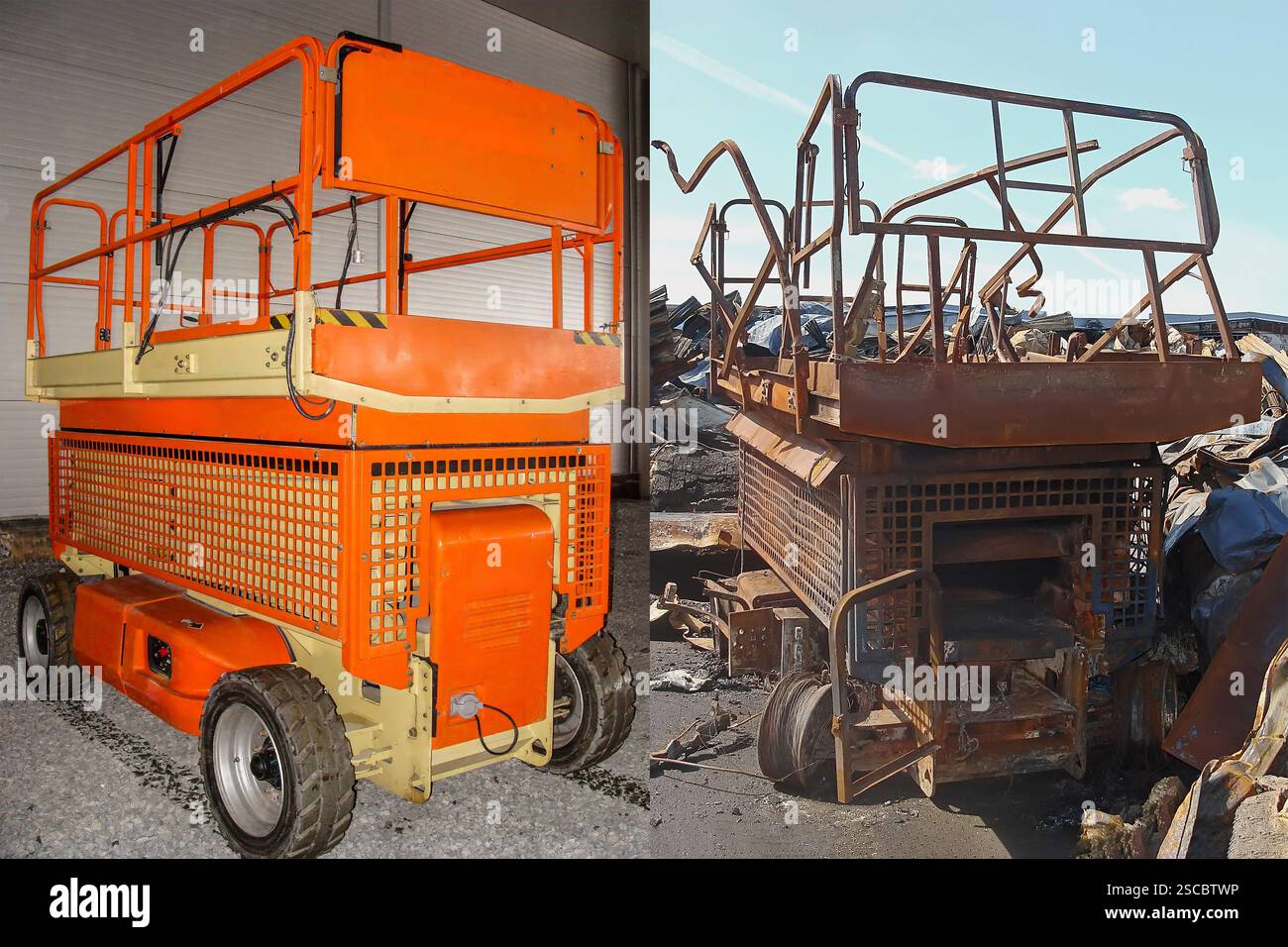 Comparison of a scissor lift in new condition and burnt after a fire ...