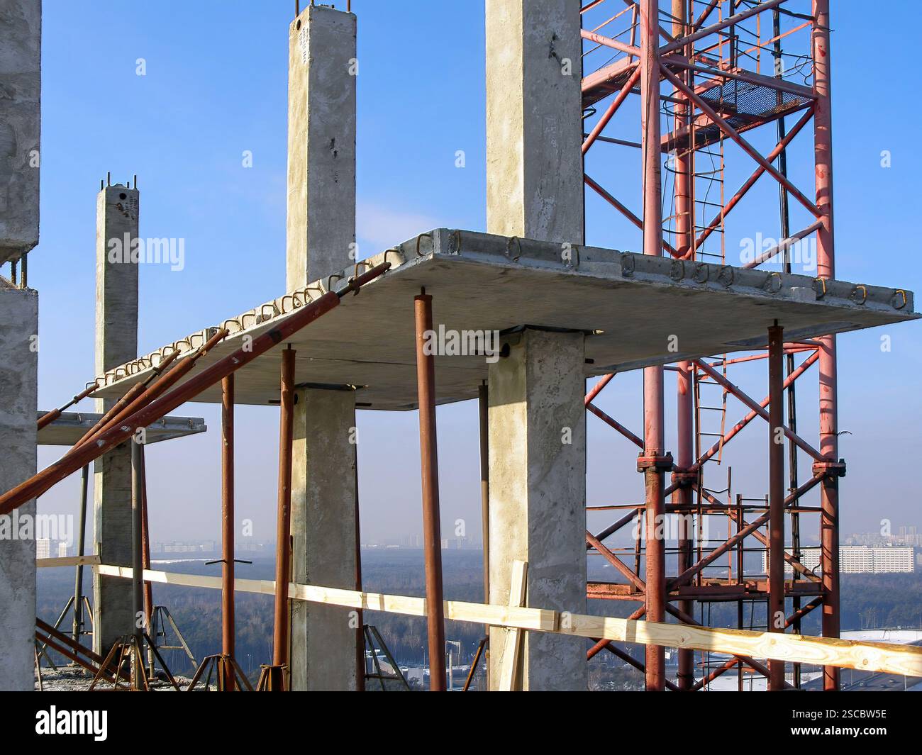 Precast concrete elements of the building at height. The frame of ...