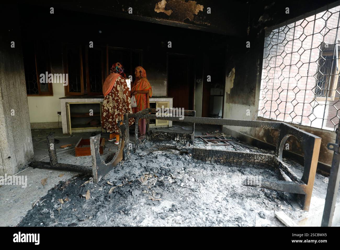 Dhaka, Bangladesh - February 06, 2025: Mobs set fire to former Prime Minister Sheikh Hasina's ...