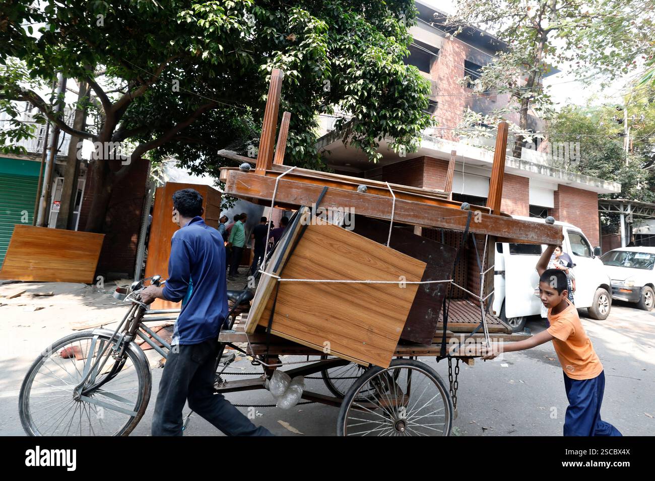 Dhaka, Bangladesh - February 06, 2025: Mobs set fire to former Prime Minister Sheikh Hasina's ...