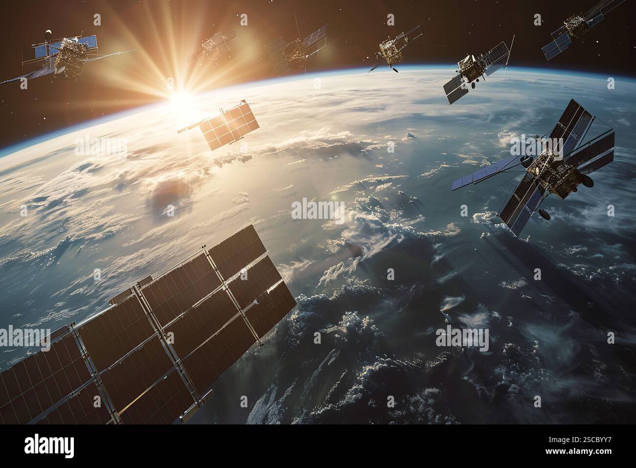 Satellites orbit the Earth against the backdrop of the rising sun ...