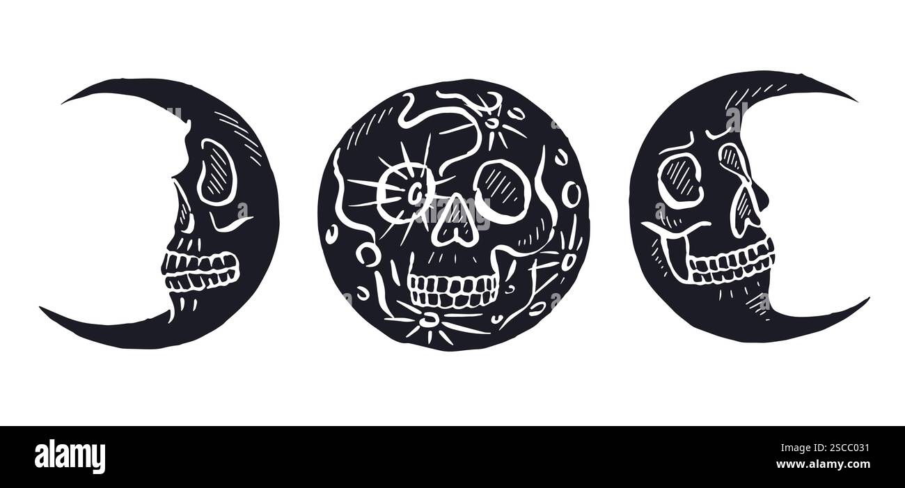 Hand drawn sketchy moons with skull faces set isolated on black ...