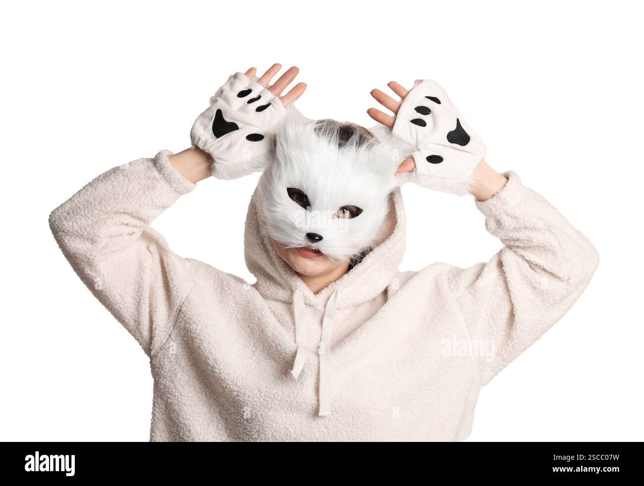 Quadrobics. Woman wearing cat mask and gloves on white background Stock ...
