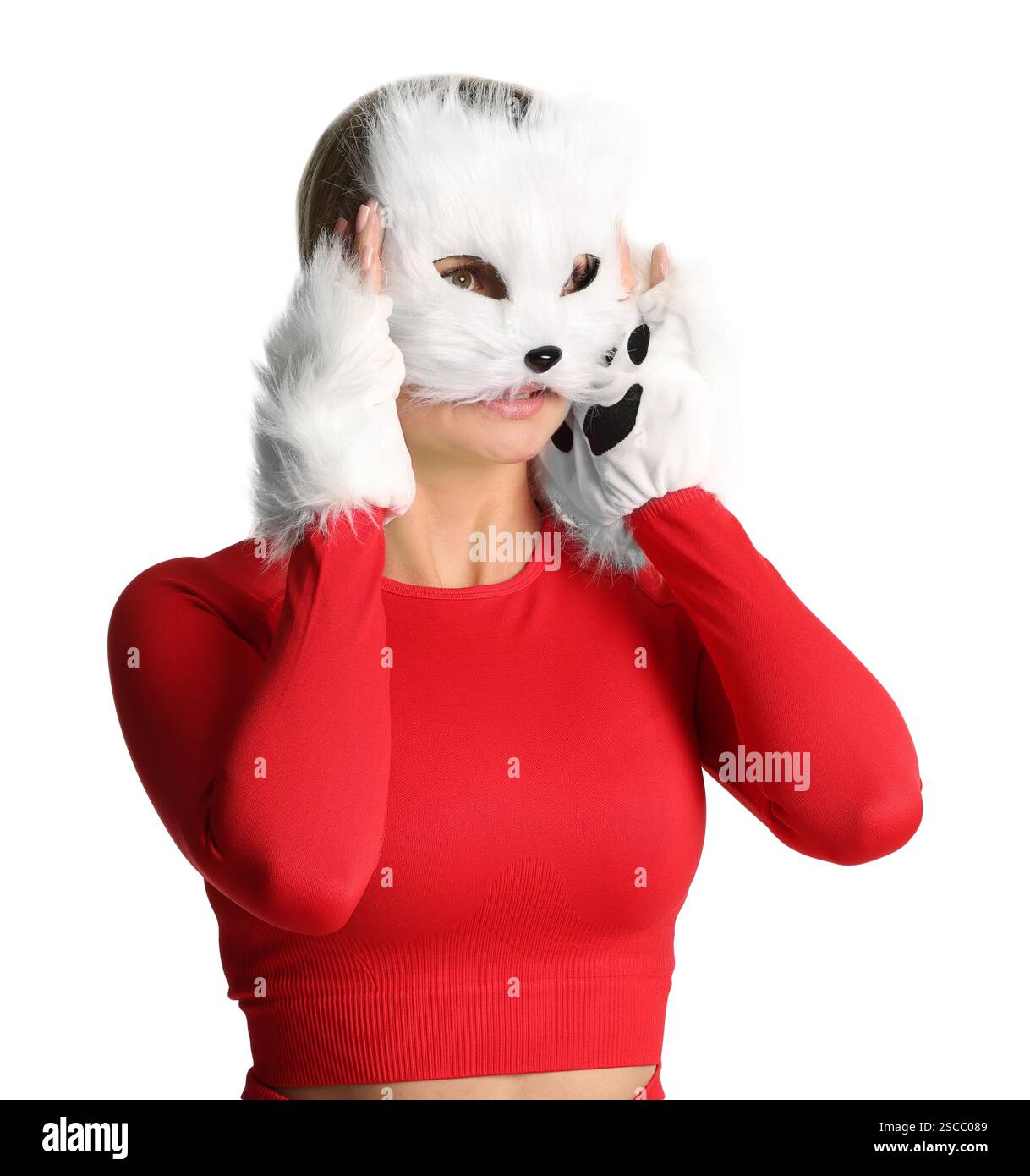 Quadrobics. Woman wearing cat mask and gloves on white background Stock ...