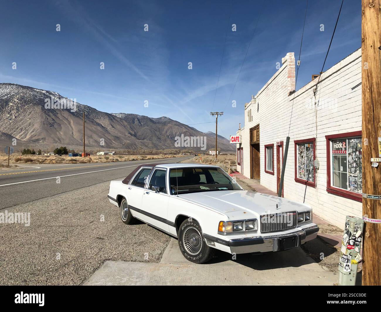 Vintage Mercury Grand Marquis on Desert Highway in Olancha, CA Stock ...