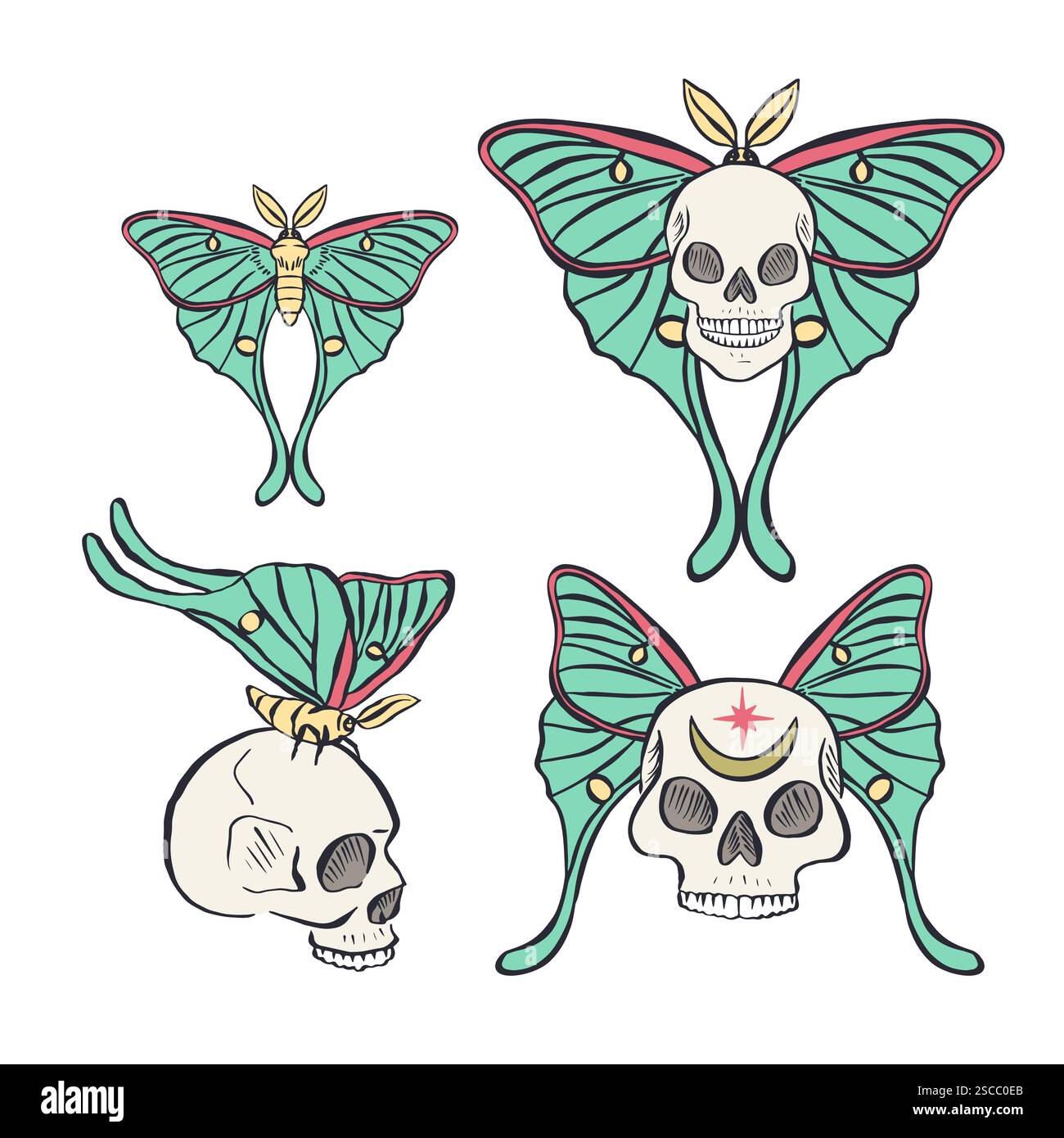 Hand drawn line art sketsches of human skulls with luna moth wings set ...