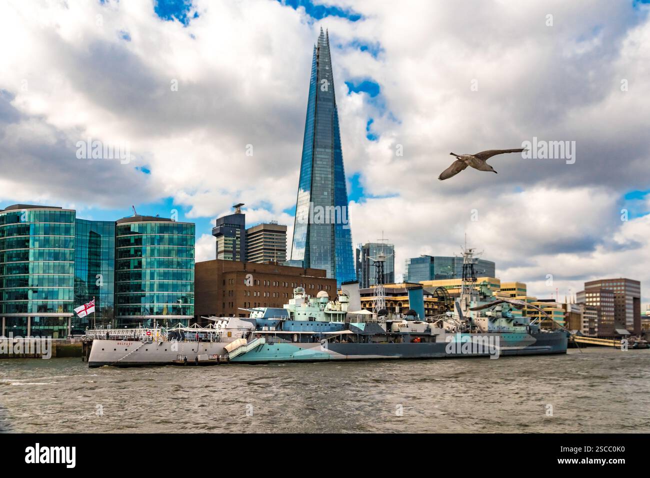 Picturesque view of the HMS Belfast, a Town-class light cruiser of the ...