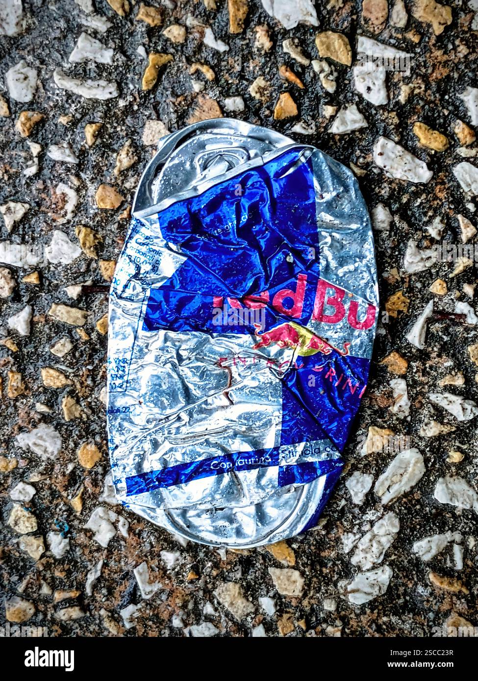 Reb Bull can soft drink crushed on the pavement, close up Stock Photo ...