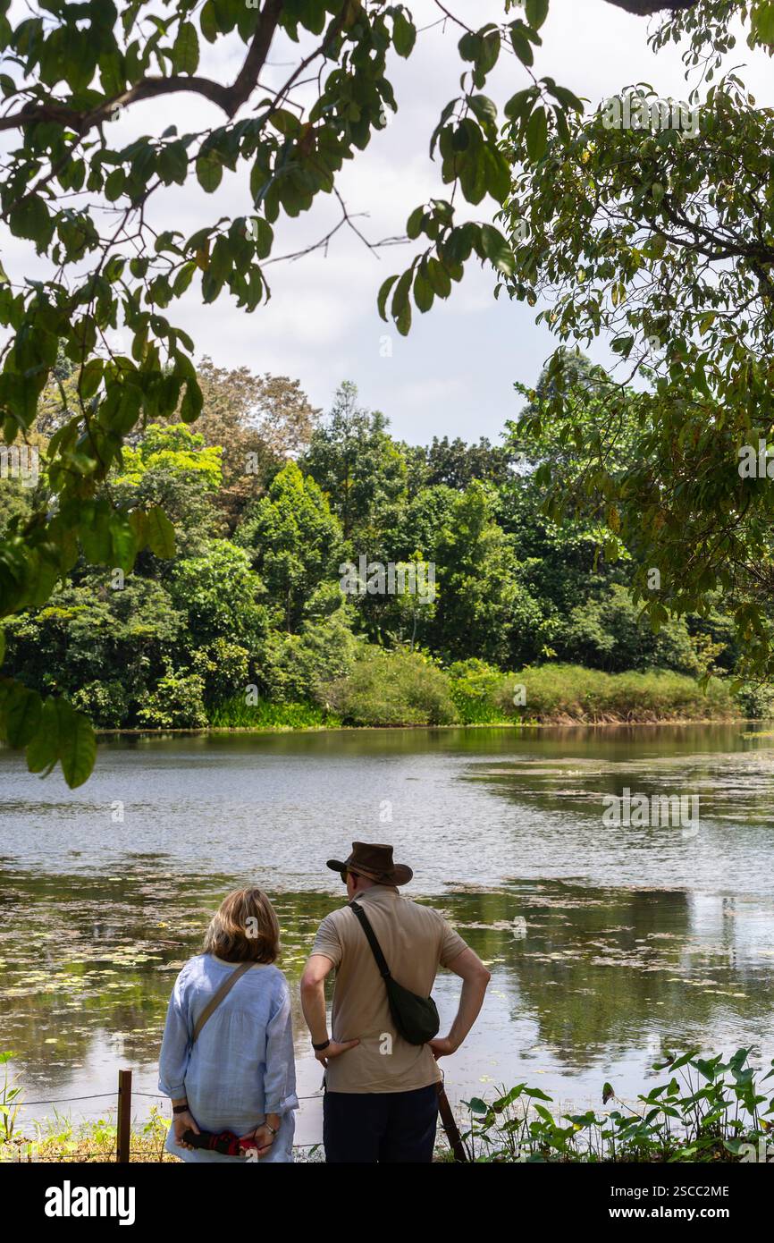Vertical scene of visitors couple looking at the man made pond at ...