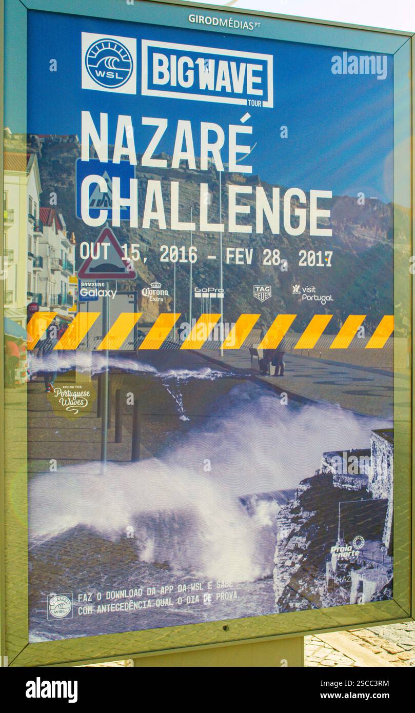 Nazaré challenge poster with reflection from the real beach Stock Photo ...