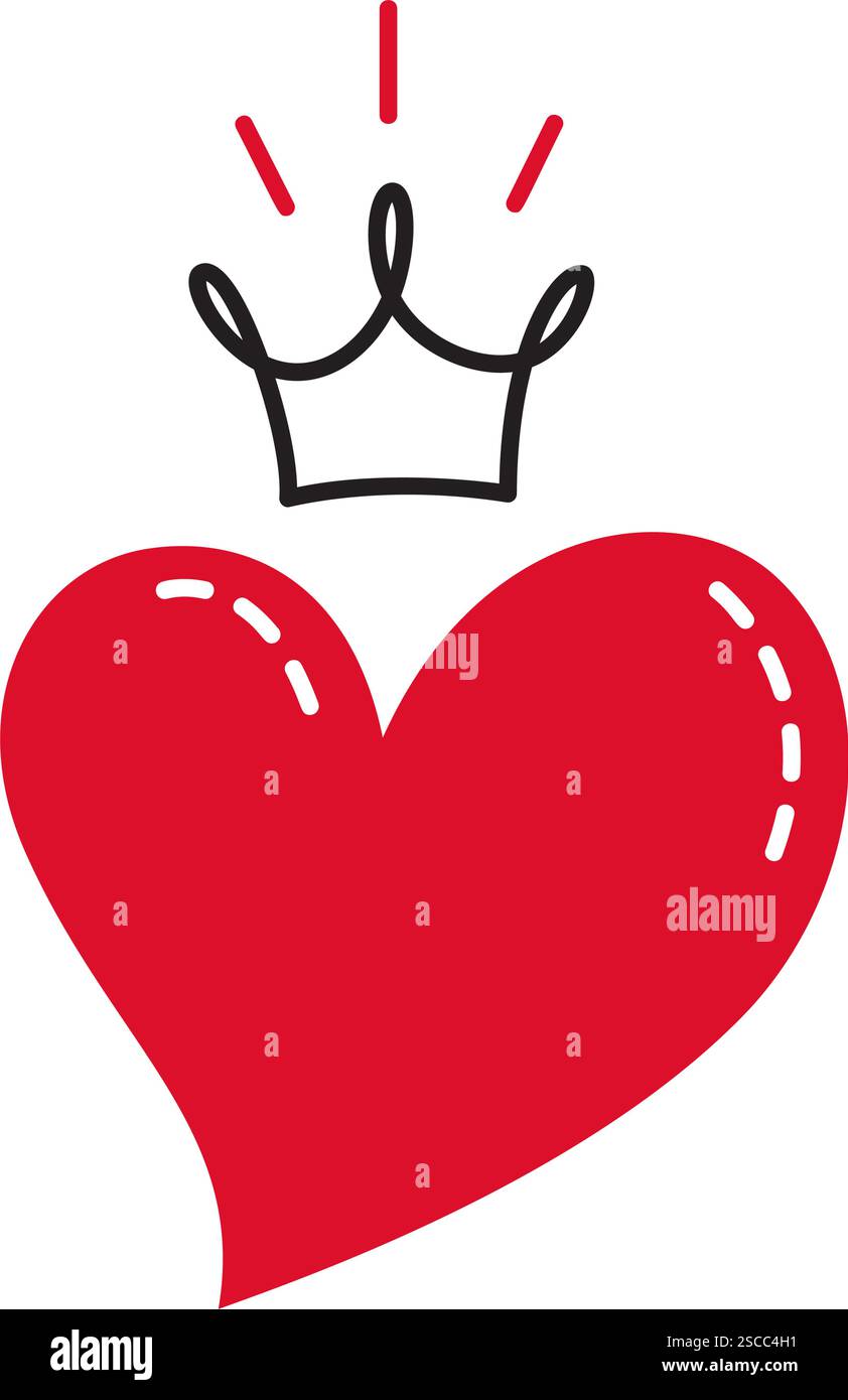 Heart with crown doodle style Hand drawn trendy flat style love ...