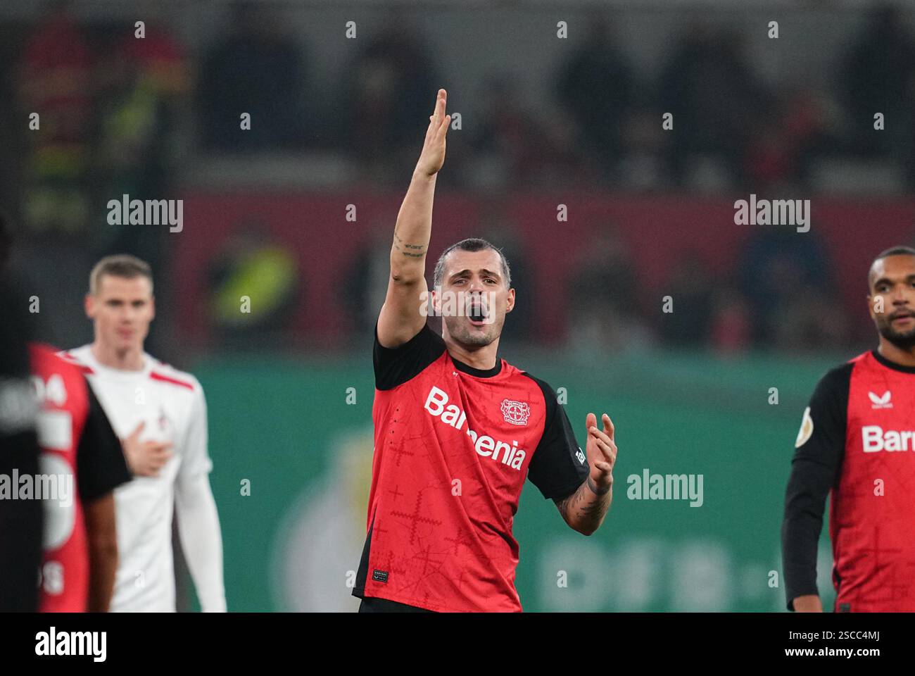 Bay Arena, Leverkusen, Germany. 05th Feb, 2025. Granit Xhaka of Bayer 04 Leverkusen gestures ...