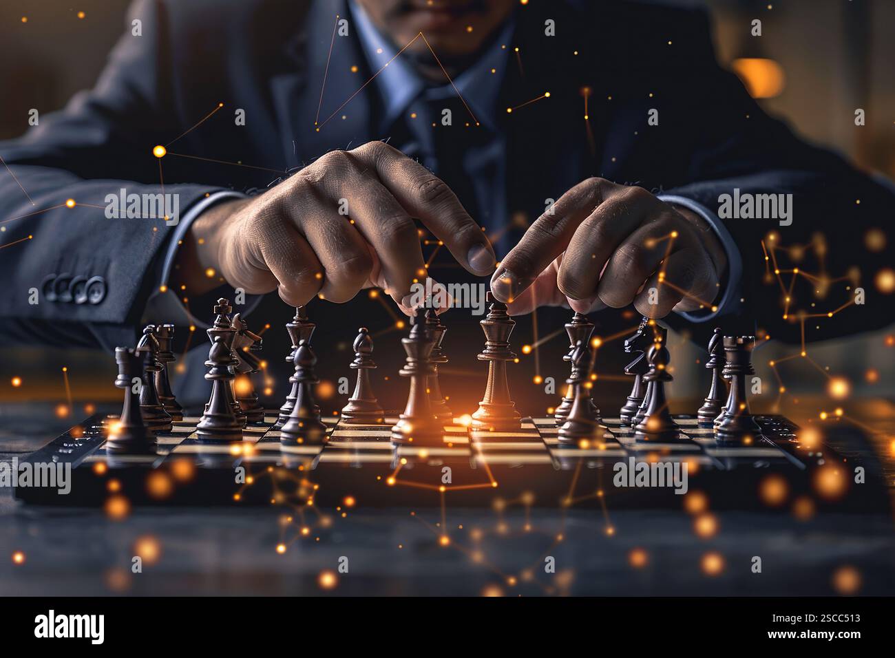 A man is playing chess with a piece in his hand. The image has a mood ...