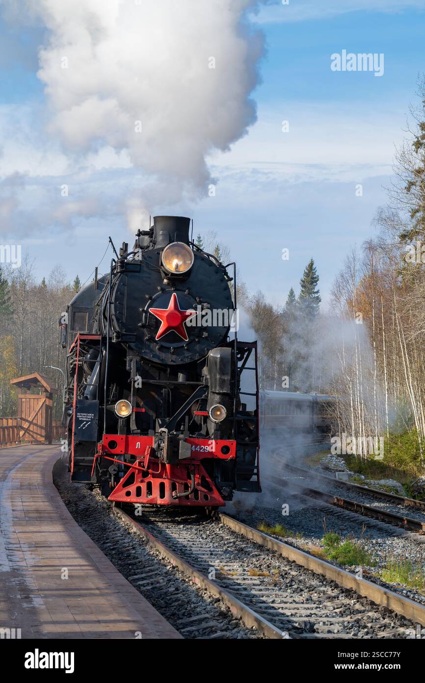 RUSKEALA, RUSSIA - OCTOBER 07, 2021: Steam locomotive L-4429 with the ...