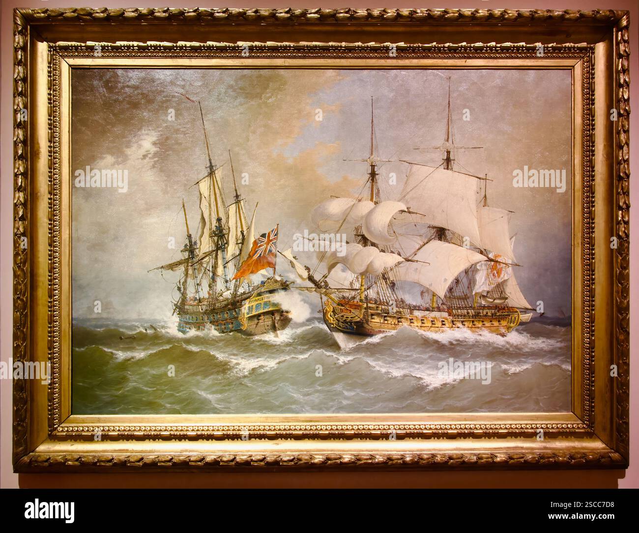 Circa 1910 oil on canvas painting Combat between a Spanish frigate and ...