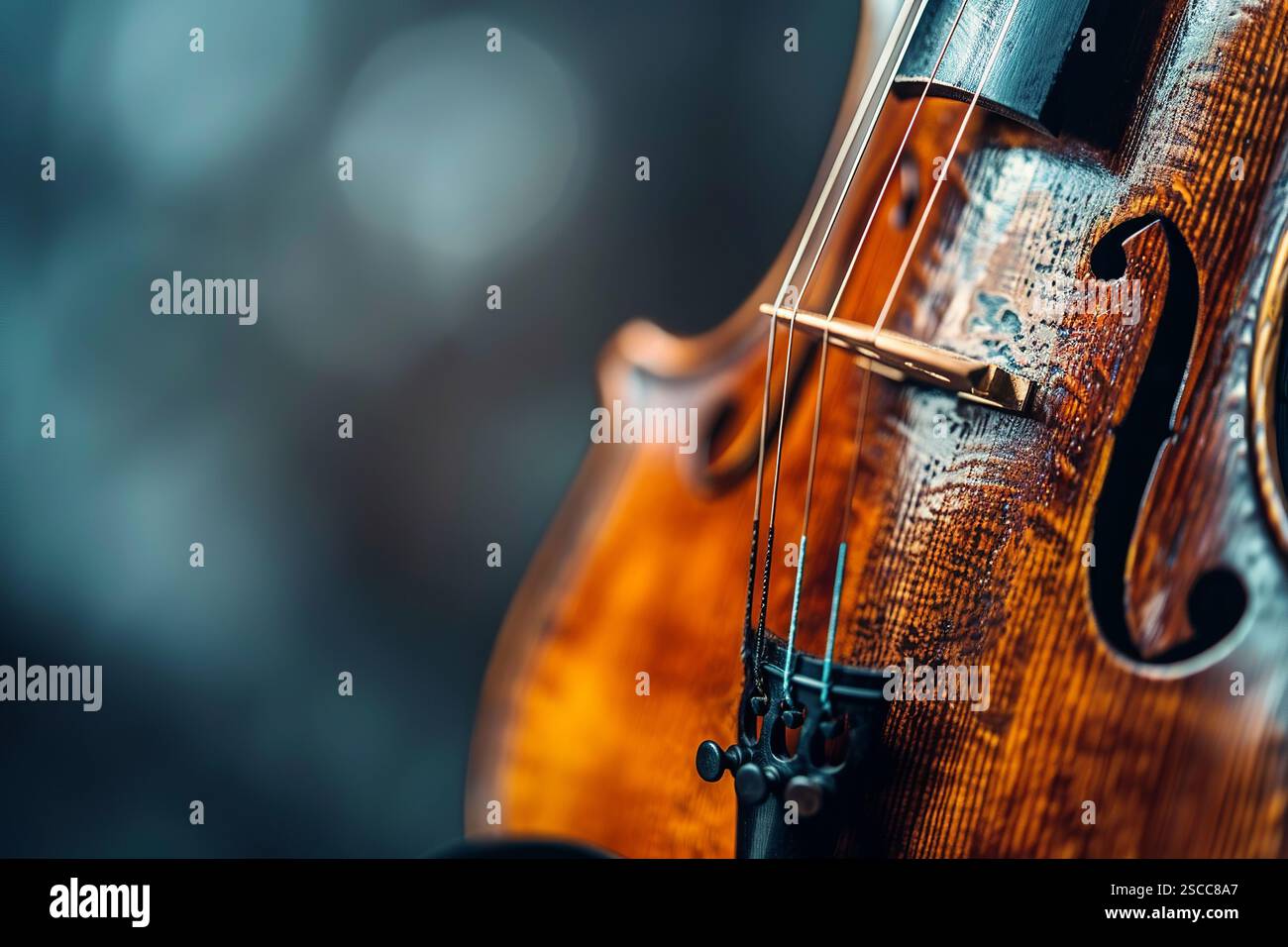 A violin with a wooden neck and a black bridge. The instrument is brown ...