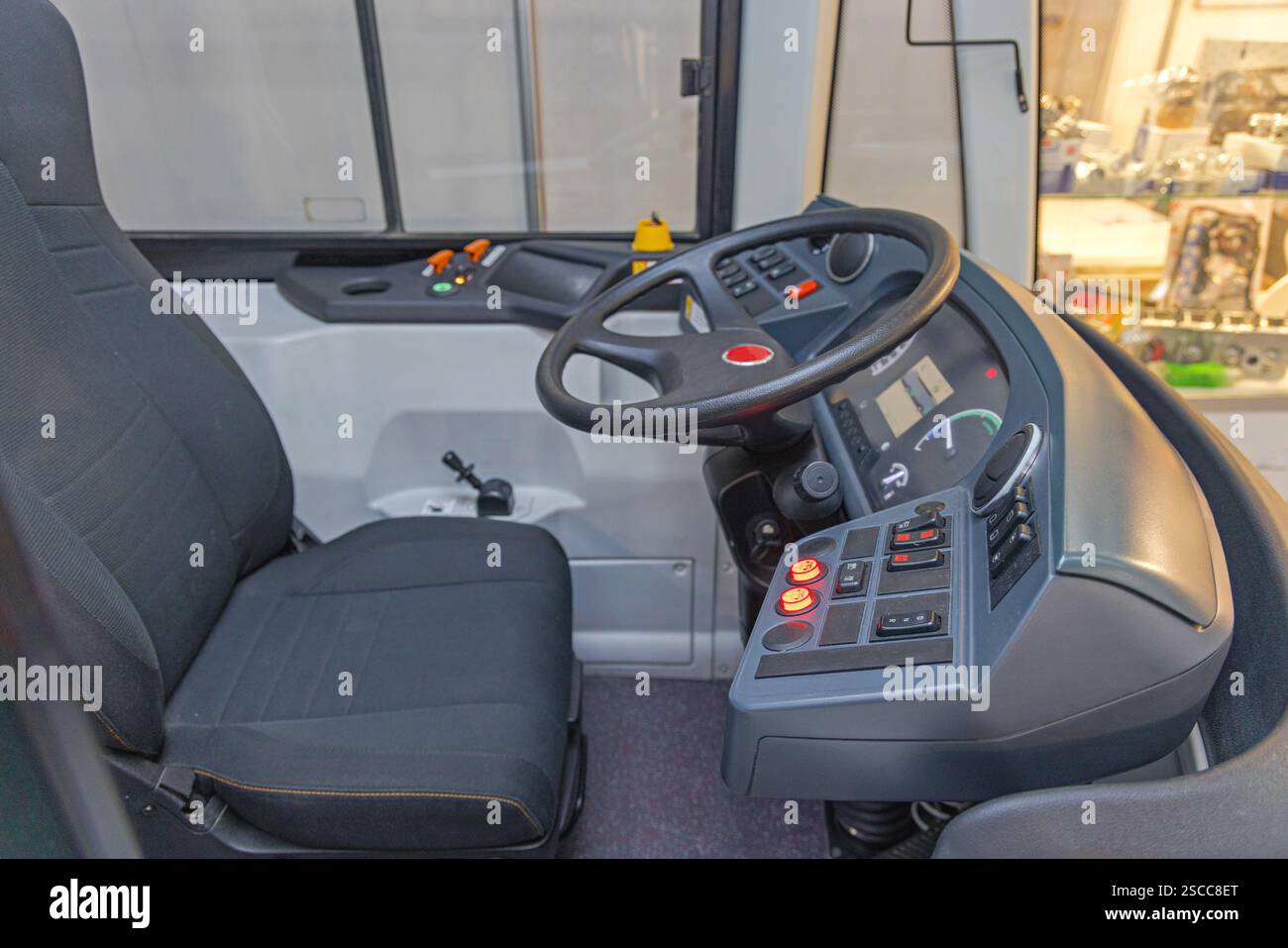Side View of Bus Driver Position Seat and Steering Wheel Cabin Interior ...