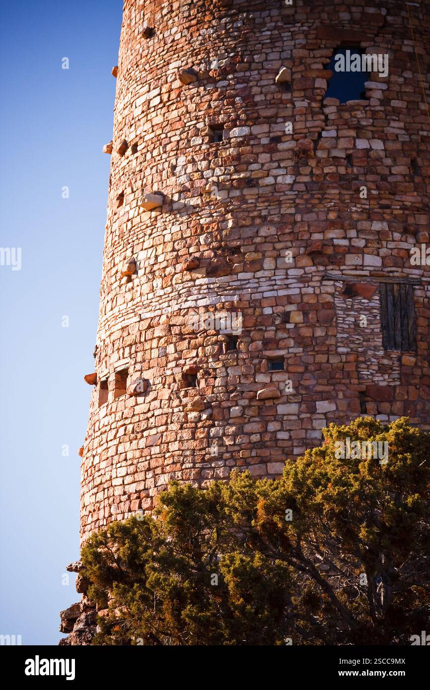 Tall brick tower with a green tree growing out of it. The tower is ...