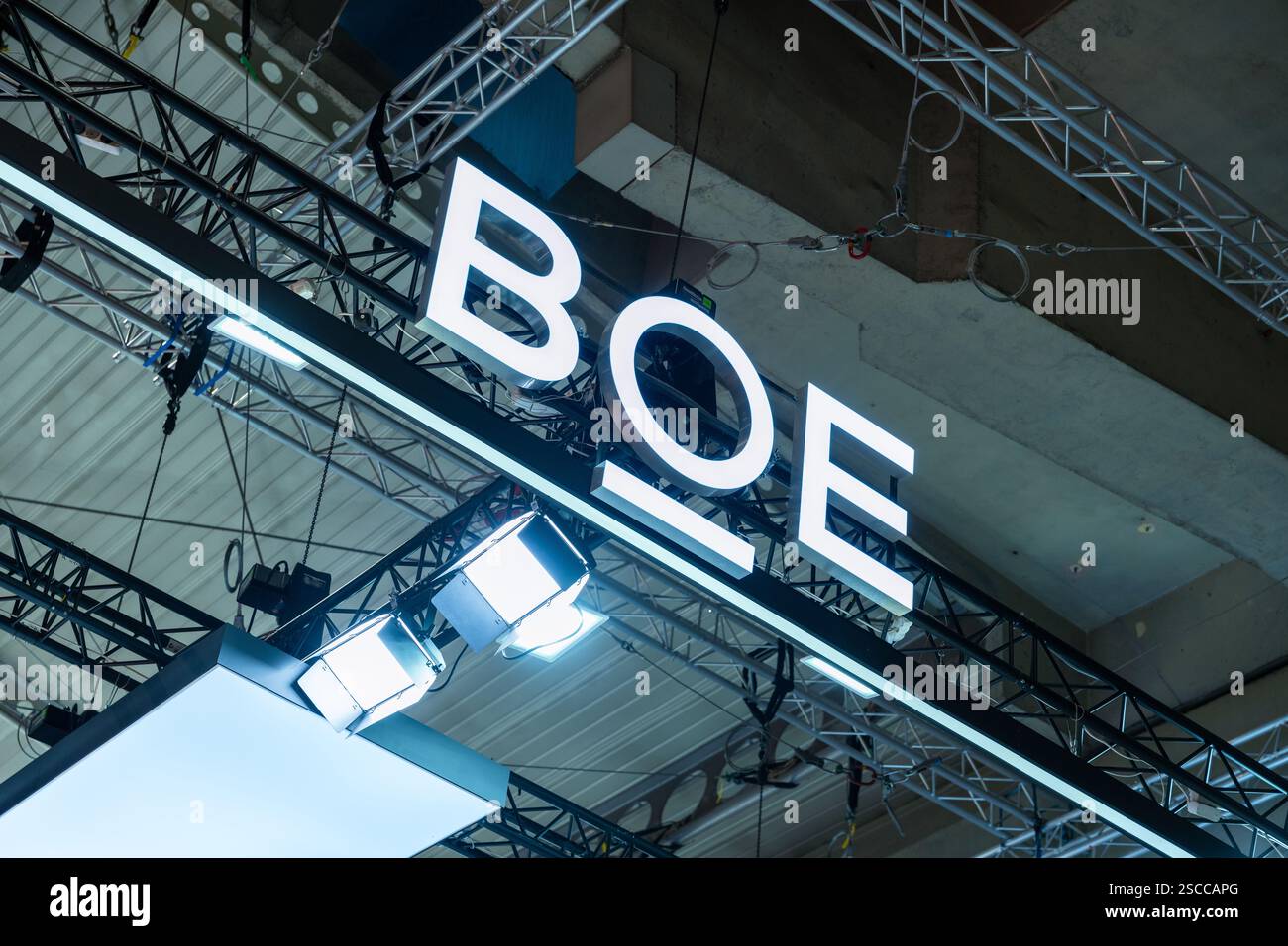 ISE 2025 (Integrated Systems Europe). BOE logo during ISE 2025 in Gran Via 2, Barcelona, Spain ...