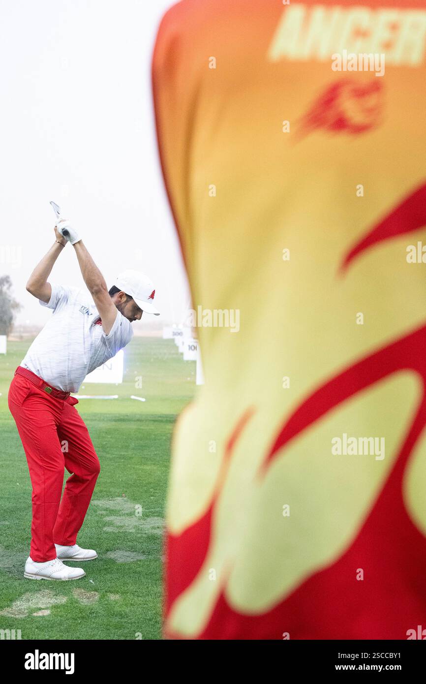 Abraham Ancer of Fireballs GC hits his shot on the driving range before ...