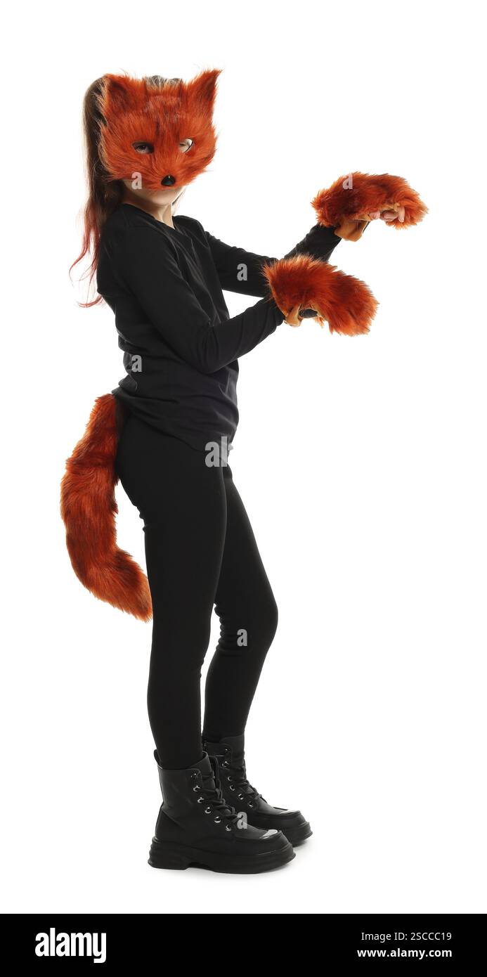 Quadrobics. Girl wearing fox mask, tail and gloves on white background ...