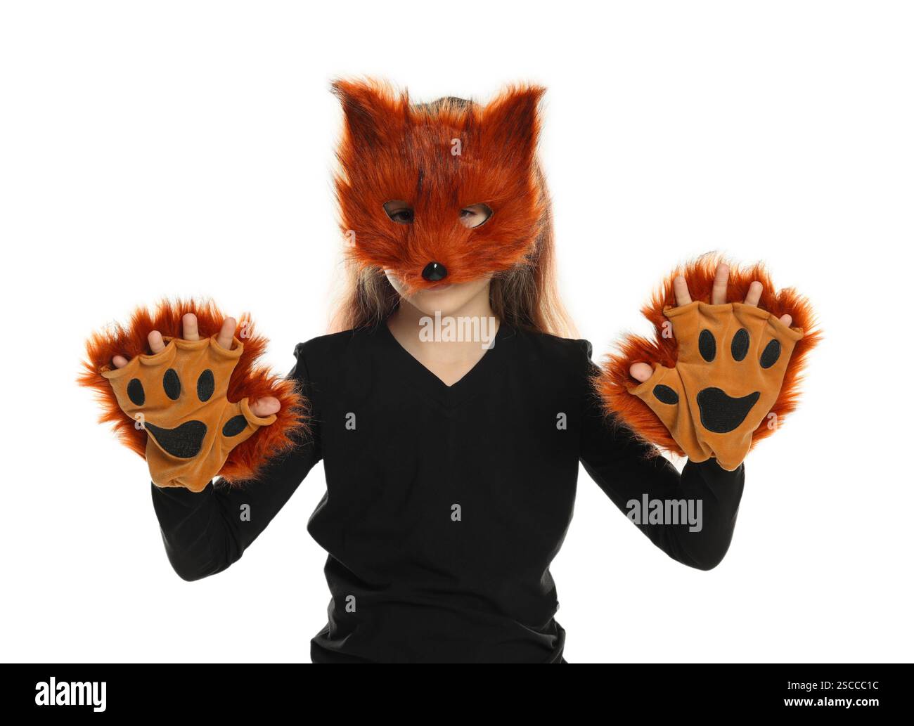 Quadrobics. Girl wearing fox mask and gloves on white background Stock ...