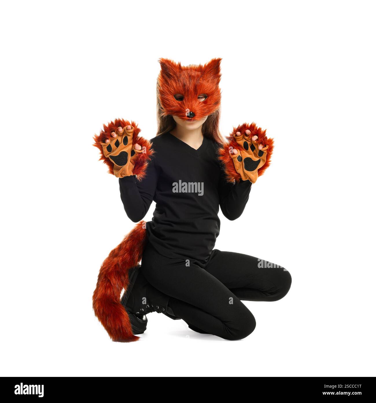 Quadrobics. Girl wearing fox mask, tail and gloves on white background ...