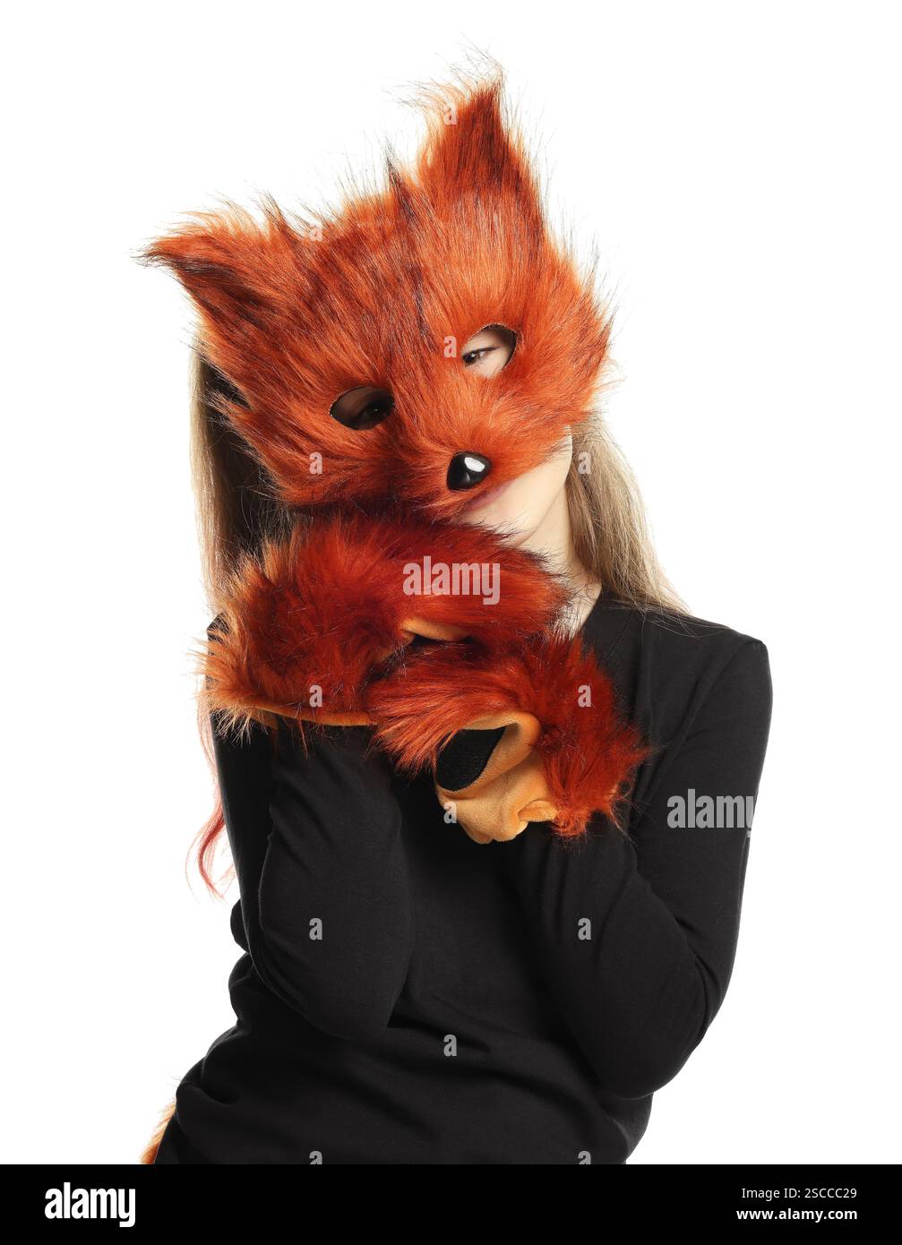 Quadrobics. Girl wearing fox mask and gloves on white background Stock ...
