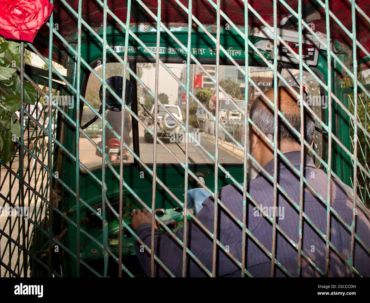 Interior of a CNG auto-rickshaw in Dhaka, Bangladesh, showing the ...