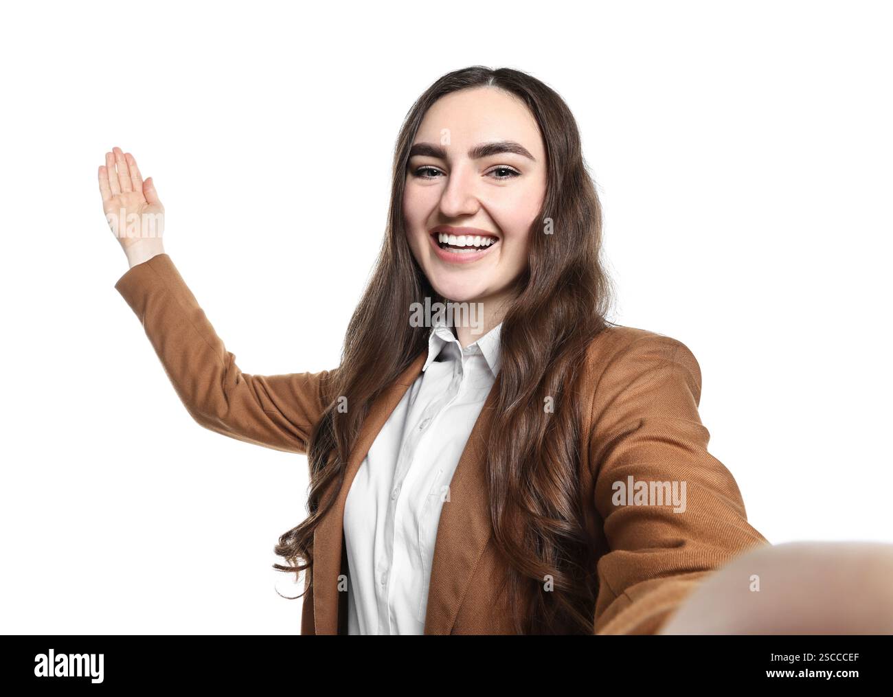 Happy businesswoman welcoming clients or partners on white background ...