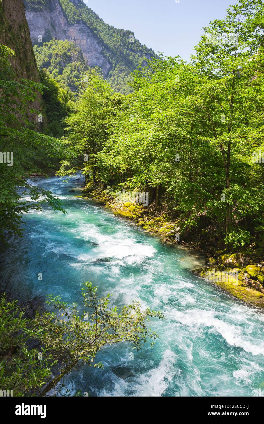 Landscape in Abkhazia with the Caucasian ridge and river Stock Photo ...