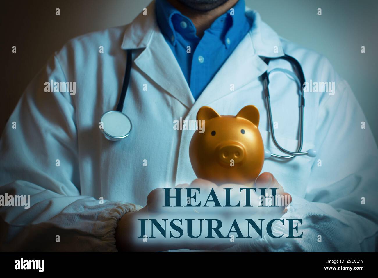 Doctor wearing uniform holding a golden piggy bank, words "Health ...