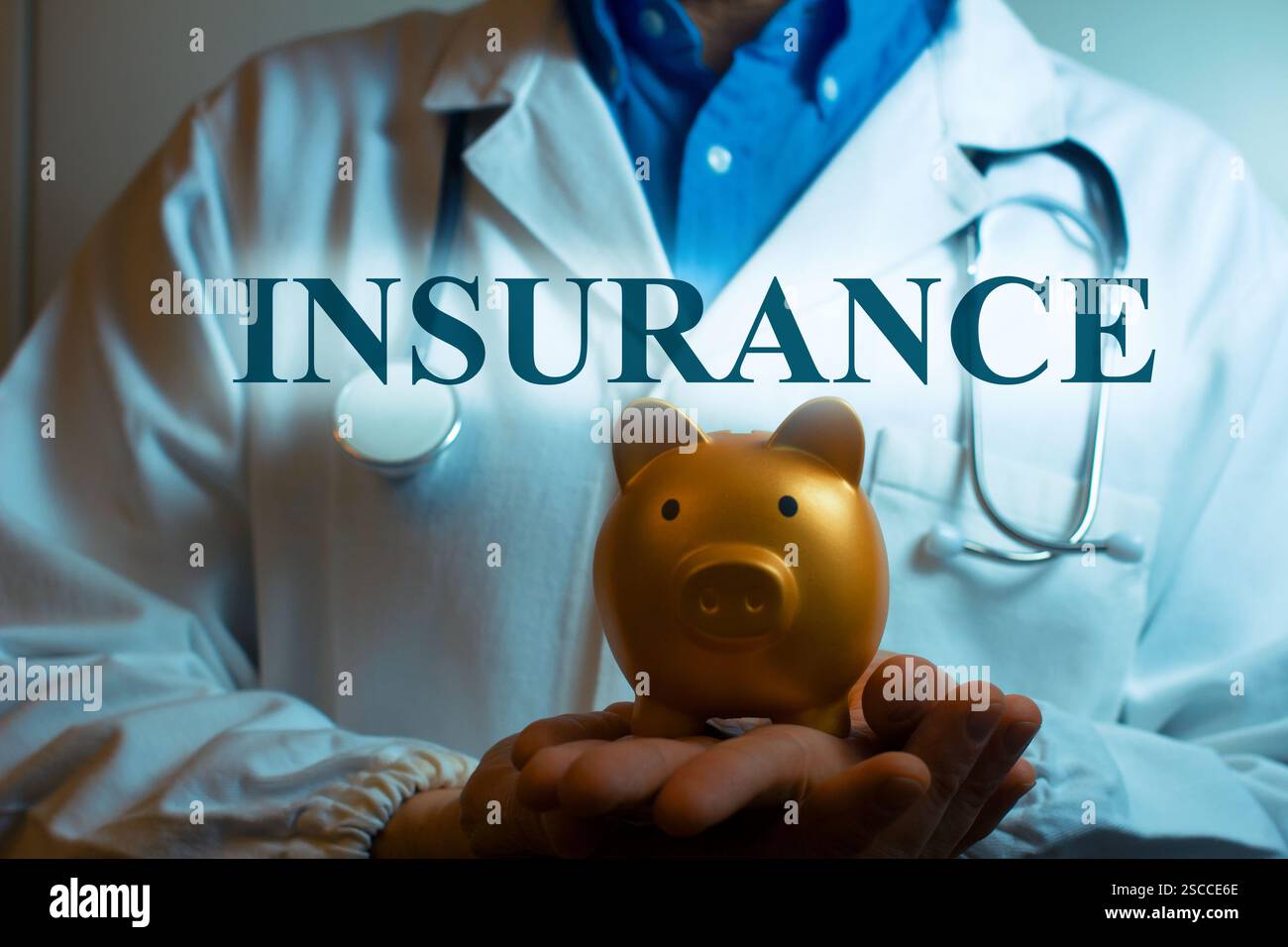 Doctor wearing uniform holding a golden piggy bank, word "Insurance ...