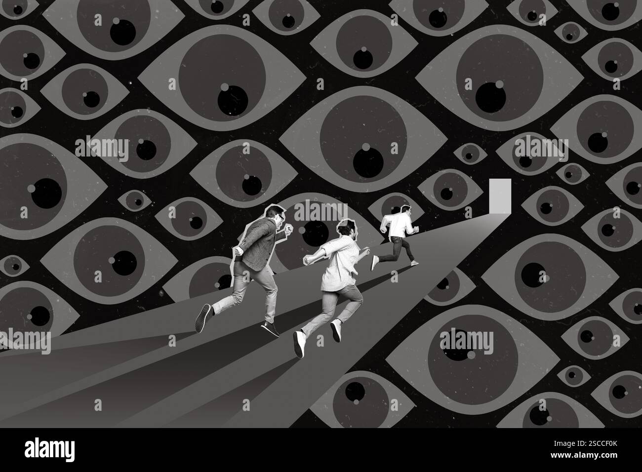 3d retro artwork template collage of three running man escaping ...