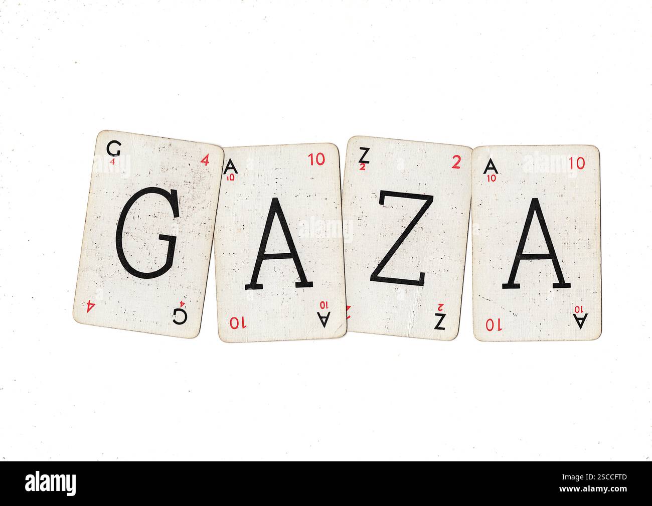 Vintage word game playing cards spelling GAZA isolated on a white ...