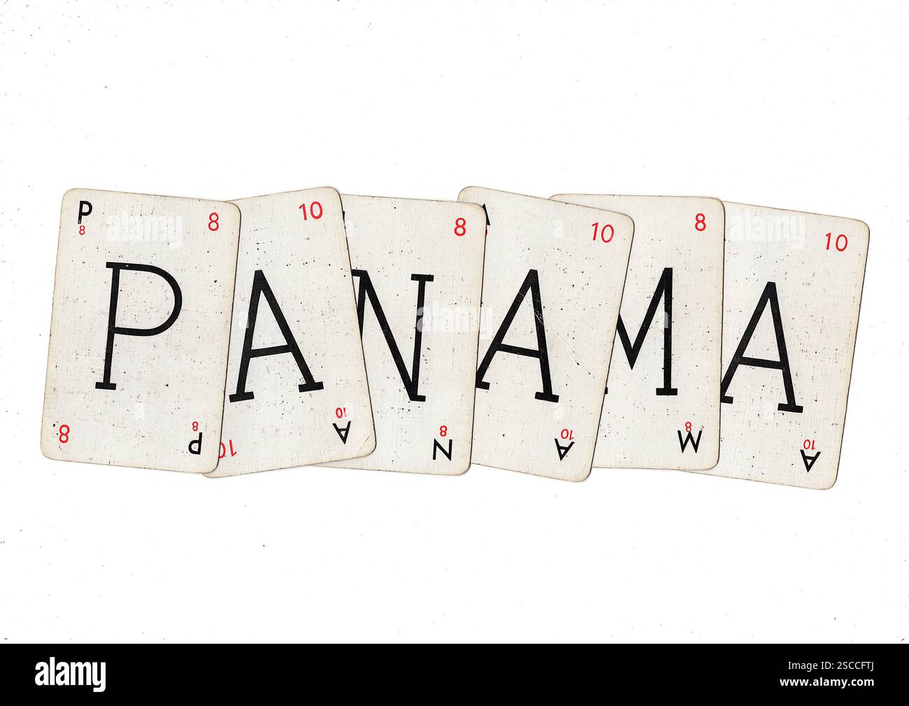 Vintage word game playing cards spelling PANAMA isolated on a white ...