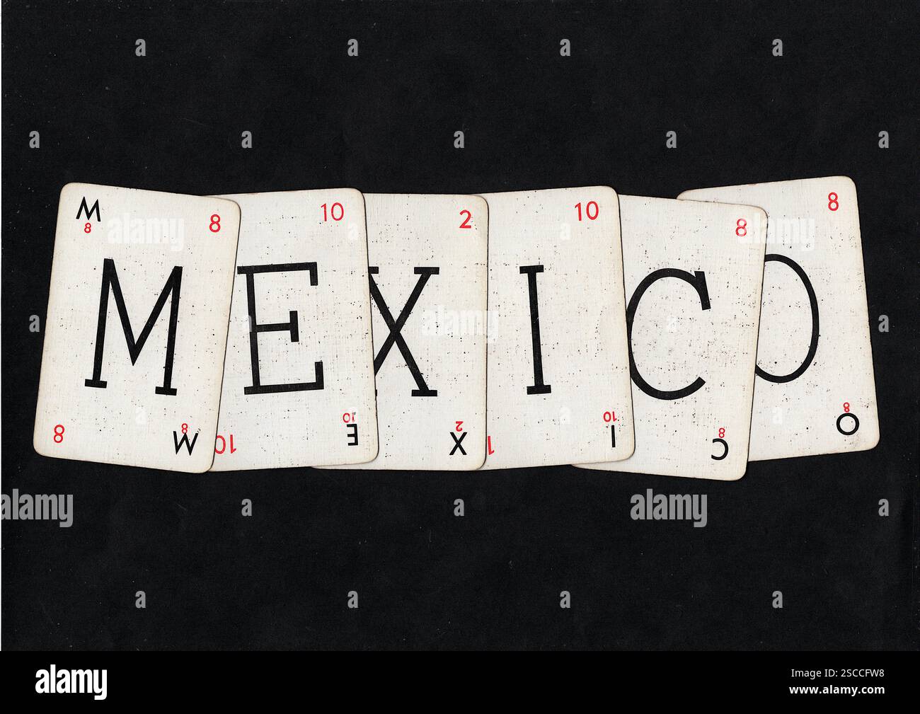 Vintage word game playing cards spelling MEXICO isolated on a black ...