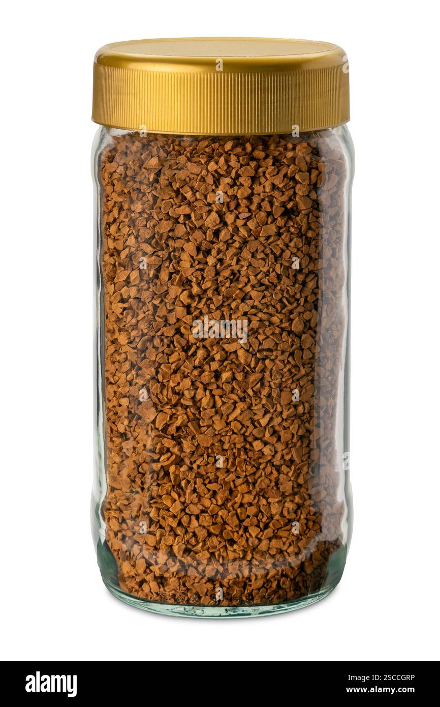 Soluble instant coffee in glass jar with gold-colored cap isolated on ...