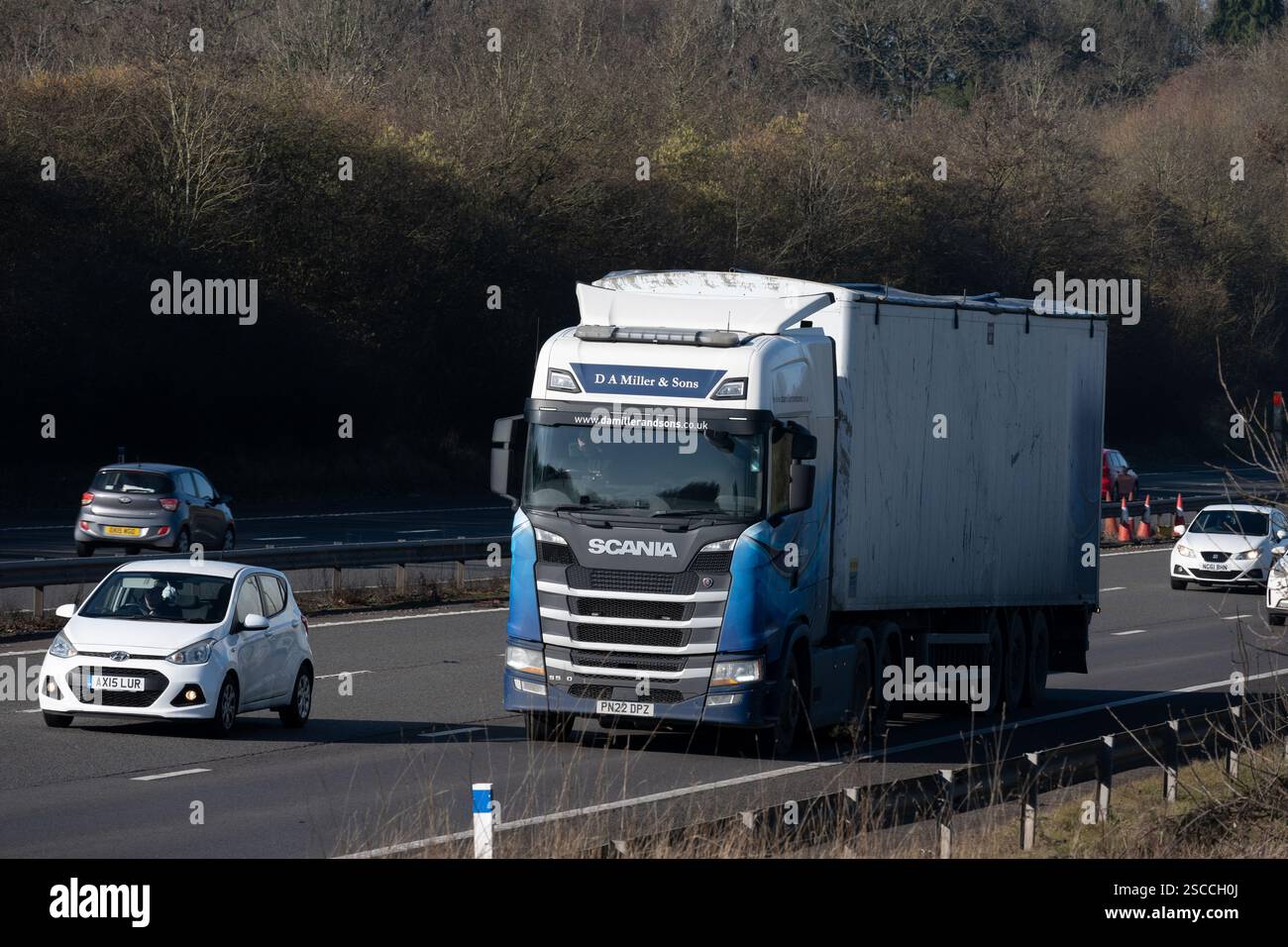 D A Miller and Sons Scania lorry on the M40 motorway, Warwickshire, UK ...