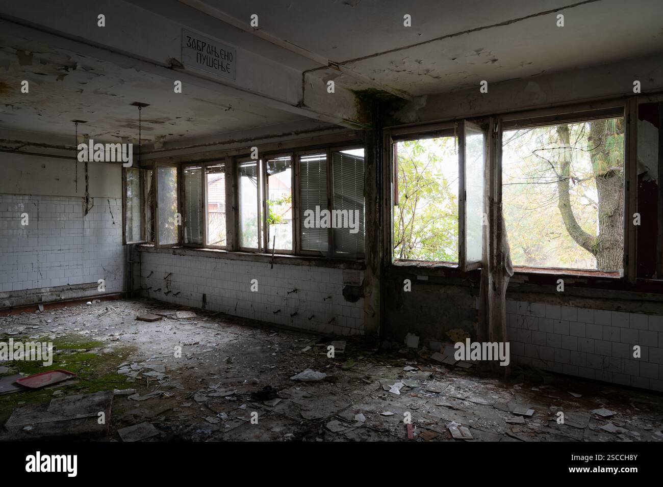 Abandoned vandalised canteen, opened windows with blinds and torn ...