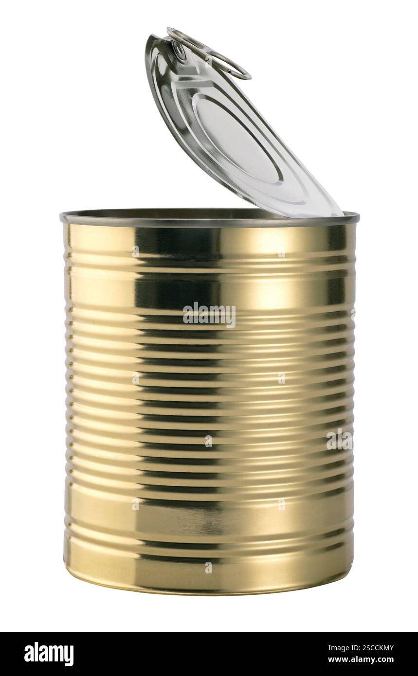 Opened tin can cropped against a white background Stock Photo - Alamy