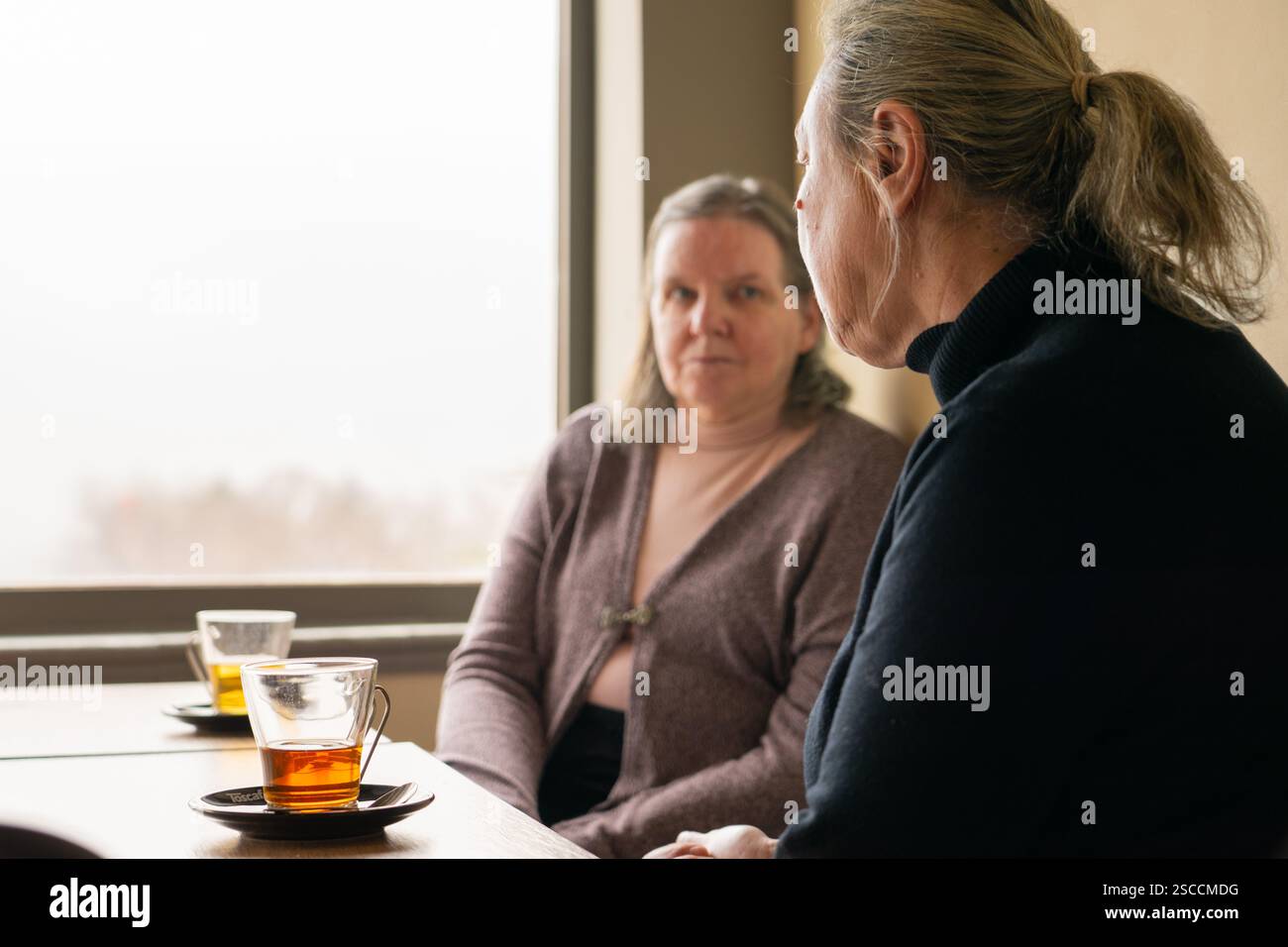 Two senior women are having a serious conversation while drinking tea ...
