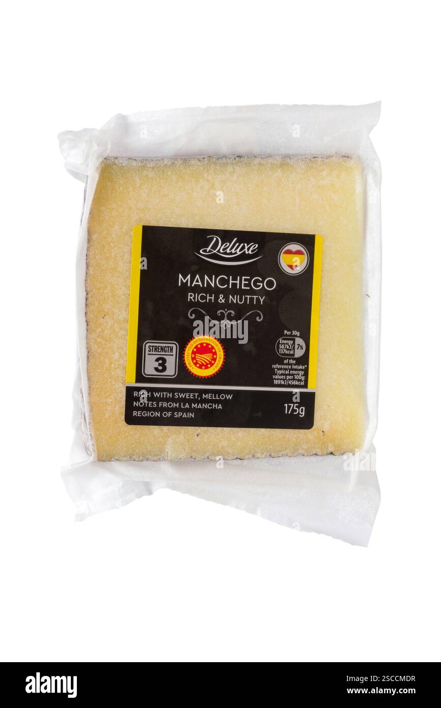 pack of Deluxe Manchego cheese rich & nutty isolated on white ...