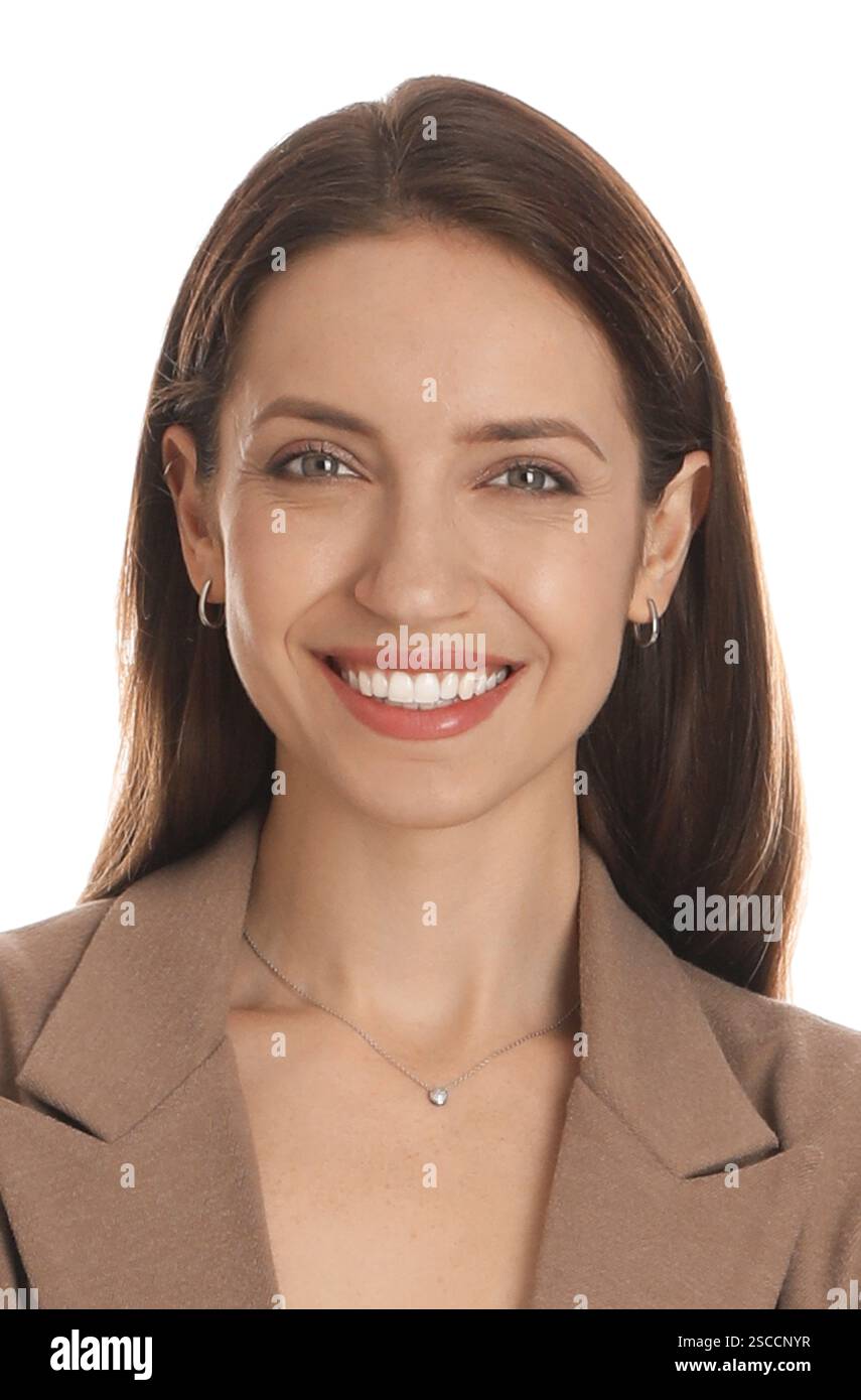 Passport photo. Portrait of woman on white background Stock Photo - Alamy